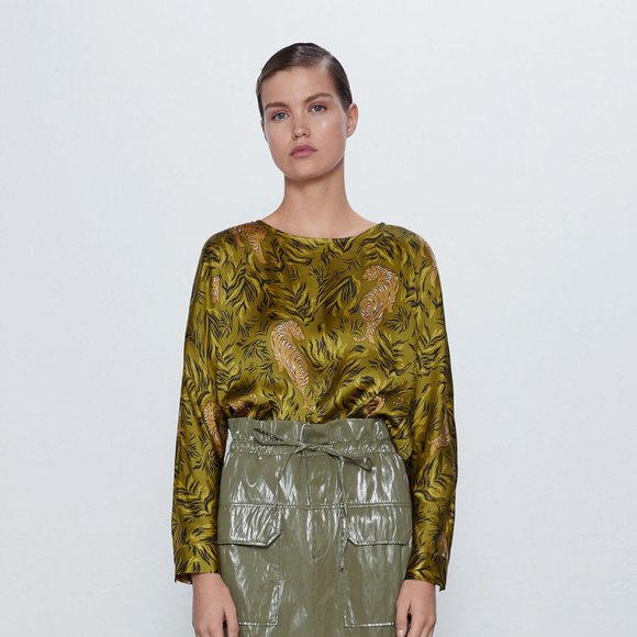 Zara | Tops | Nwt Zara Size Xs Oil Satin Effect Jaguar Print Blouse ...